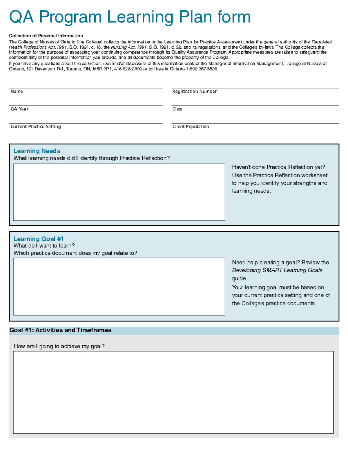 QA Learning Plan form - Pre-Grad Clinical - Learning Needs What ...