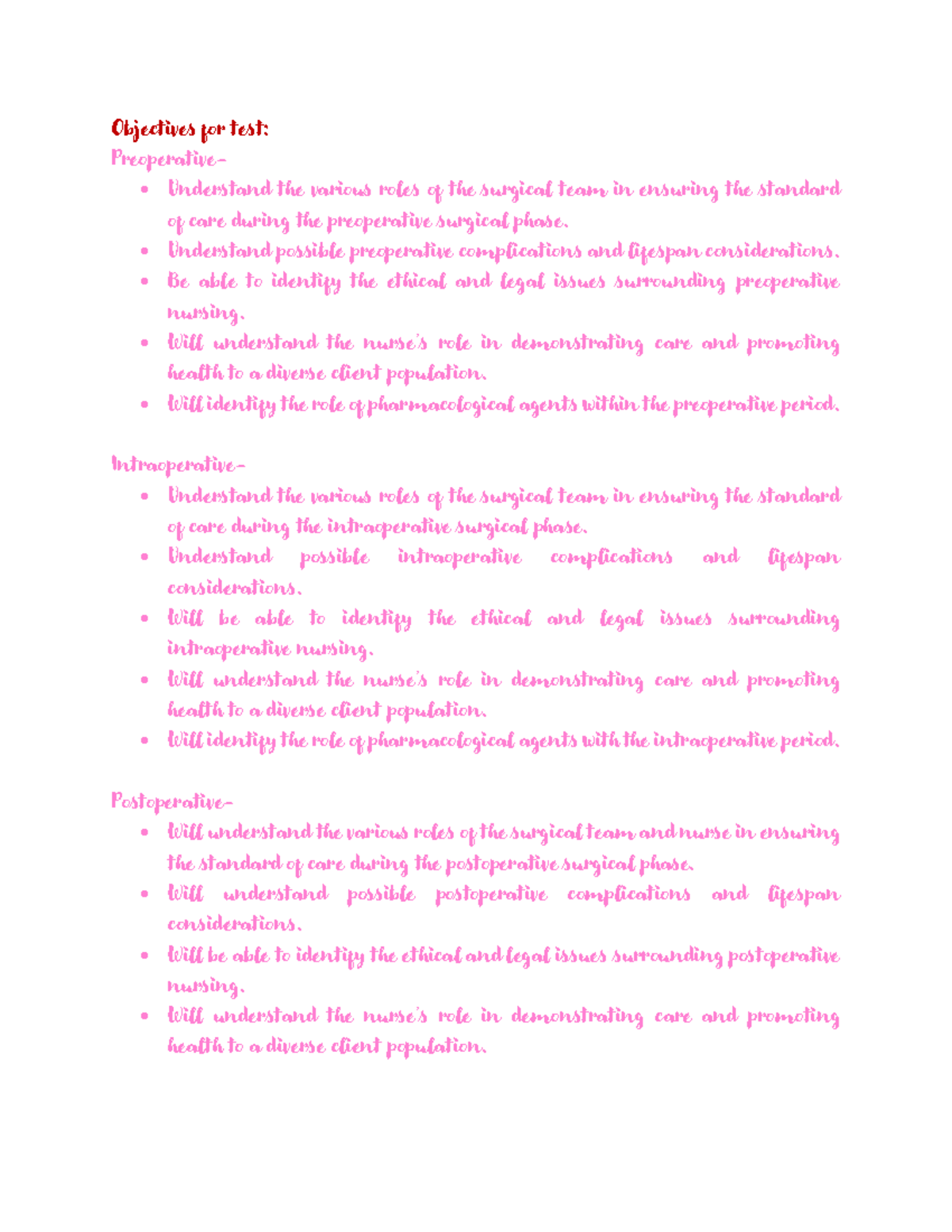 Objectives TEST - Objectives for test: Preoperative- Understand the ...