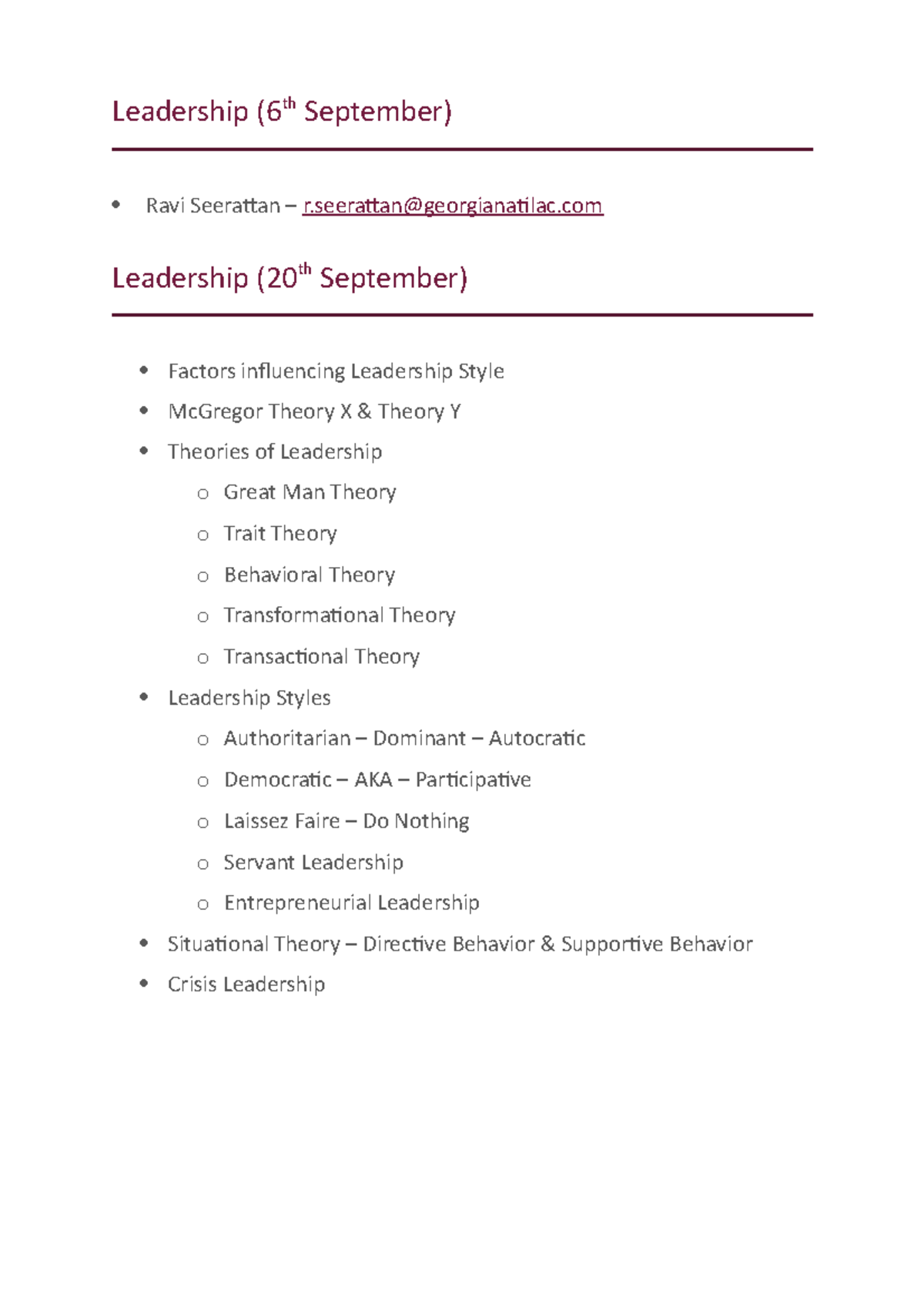 Leadership PRJM1003 - Class notes - Leadership (6th September) Ravi ...