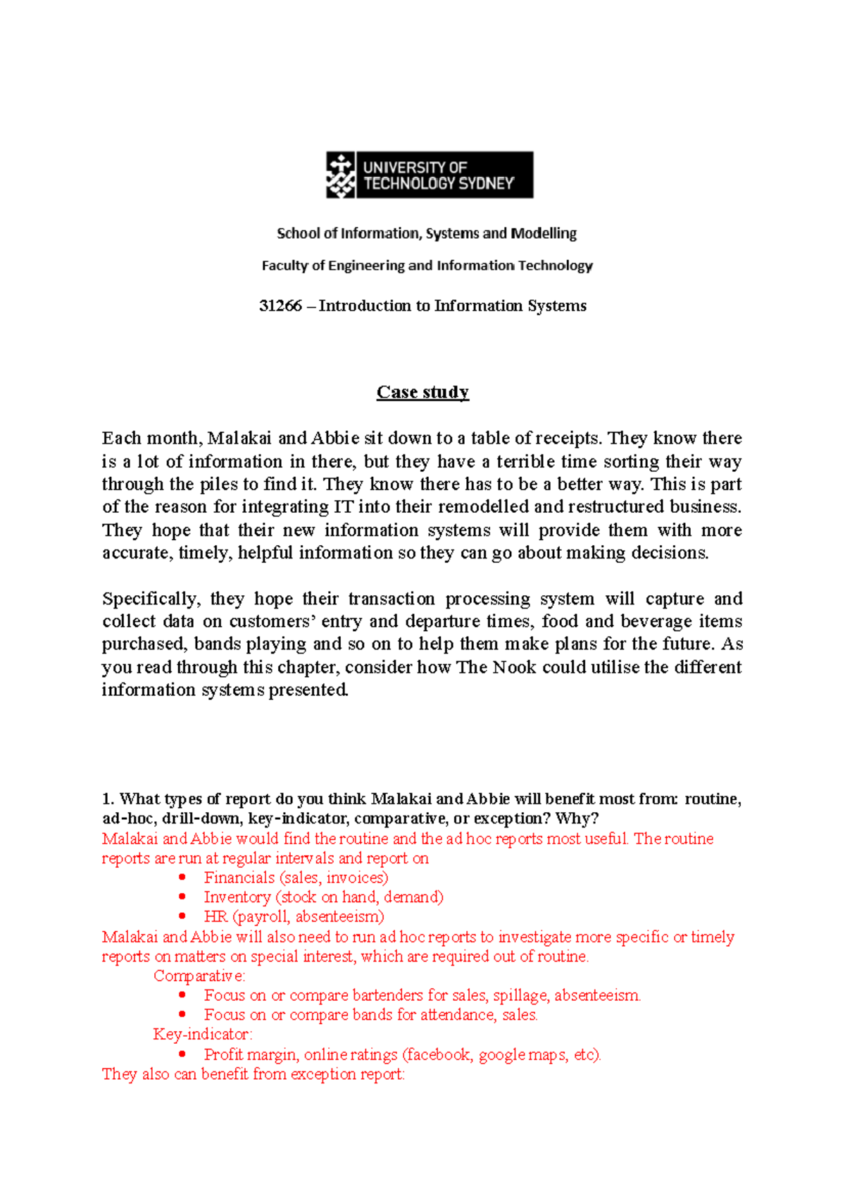 Week 4 answers(1) - Answers - 31266 – Introduction to Information Systems Case study Each month ...