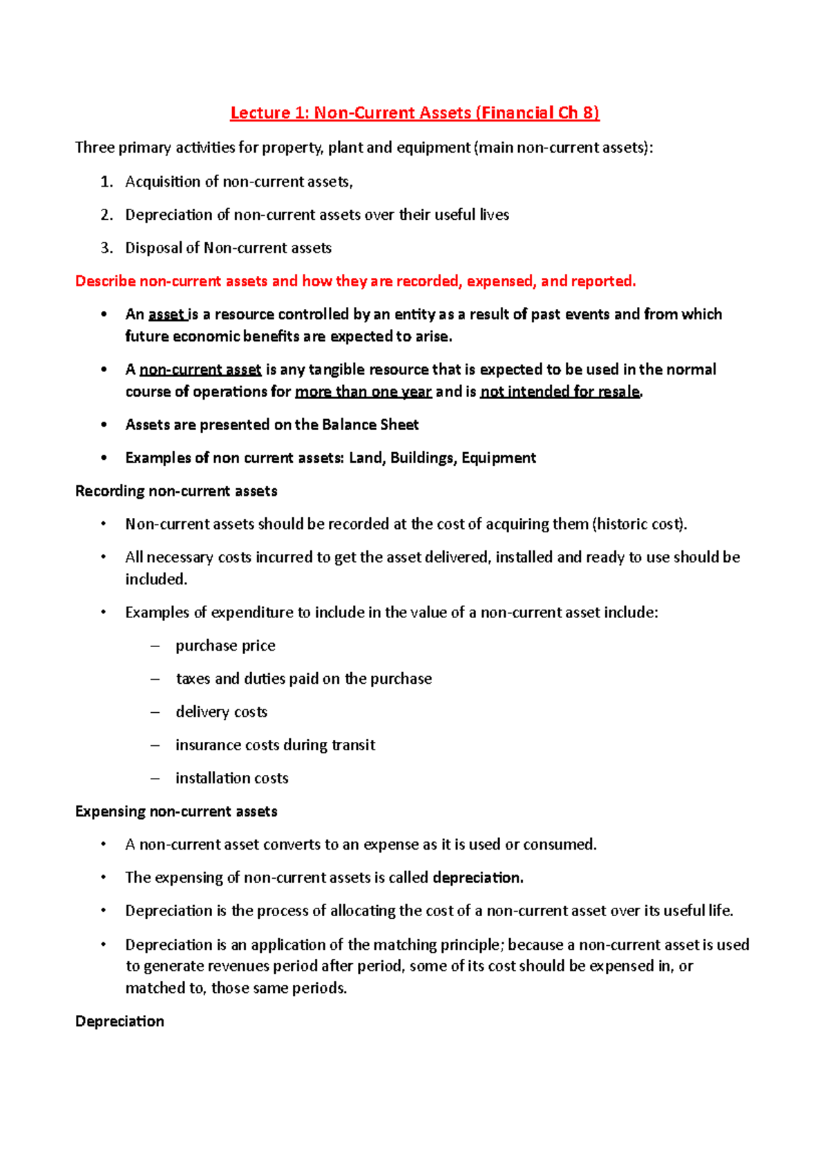 Accounting Notes - Lecture 1: Non-Current Assets (Financial Ch 8) Three ...