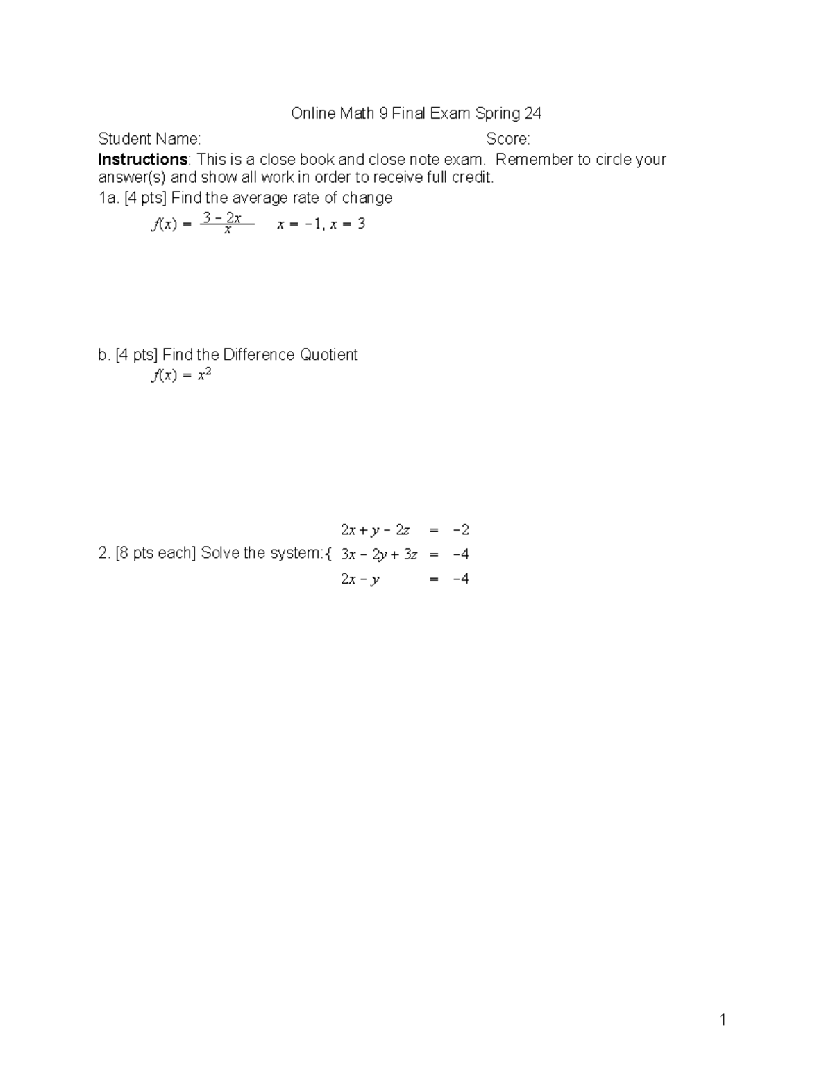 precal Final Exam pratice problems for Lacc math 240 - Online Math 9 ...