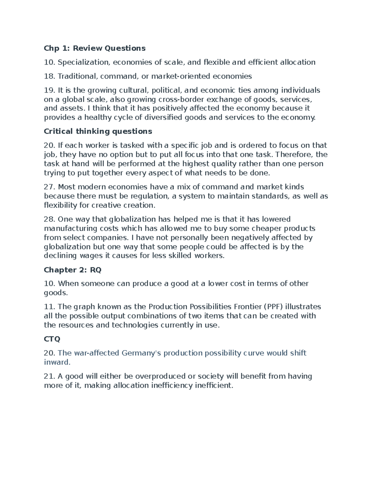 Economic chap 1 and 2 - work for school - Chp 1: Review Questions ...