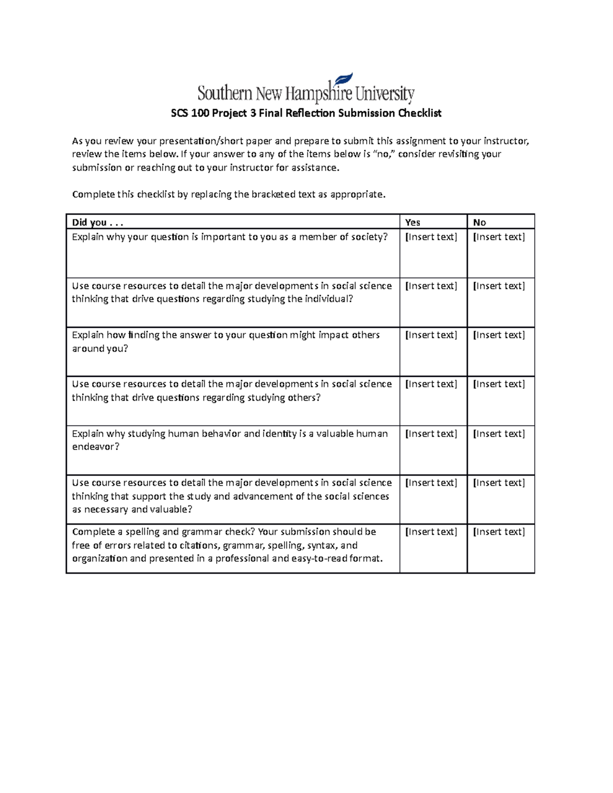 SCS 100 Project 3 Final Reflection Submission Checklist - SCS 100 ...