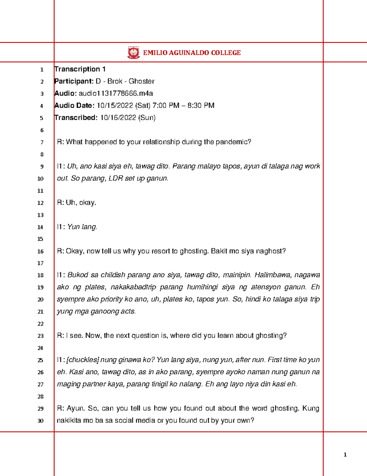 Transcription Format - asdasdasda - 1 Transcription 1 2 Participant: D ...