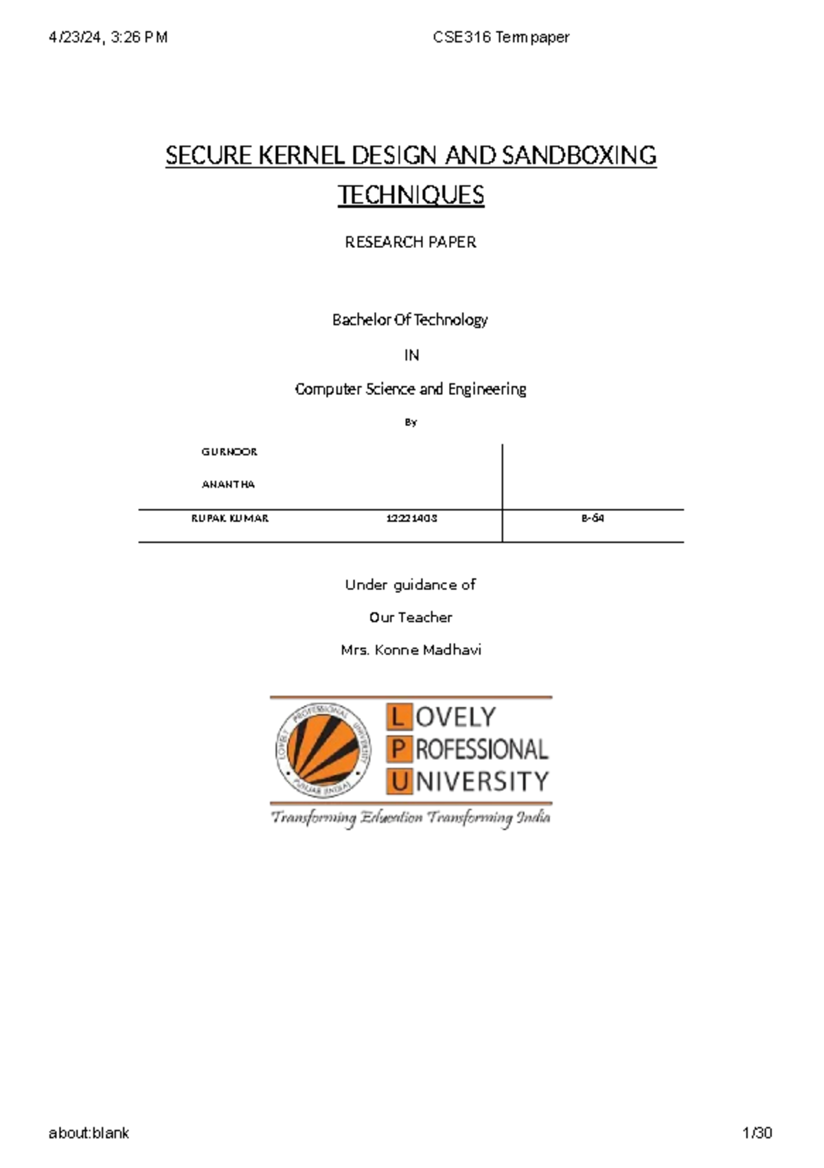 CSE316 Termpaper - SECURE KERNEL DESIGN AND SANDBOXING TECHNIQUES RESEARCH PAPER Bachelor Of ...