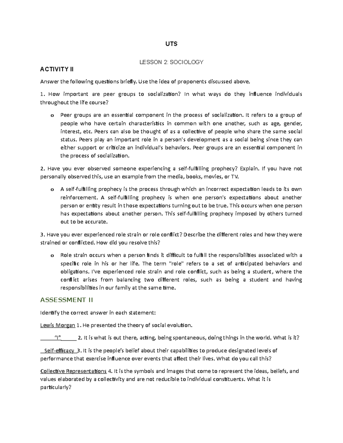 UTS Lesson 2 - Assessmet - UTS LESSON 2: SOCIOLOGY ACTIVITY II Answer ...
