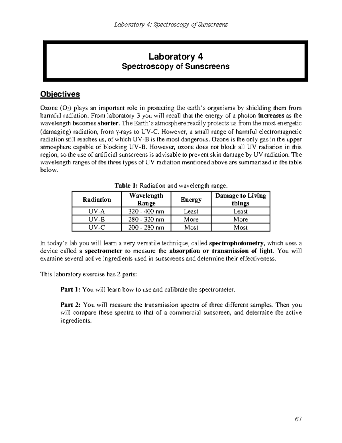 4. Spectroscopy of Sunscreens - Laboratory 4 Spectroscopy of Sunscreens ...