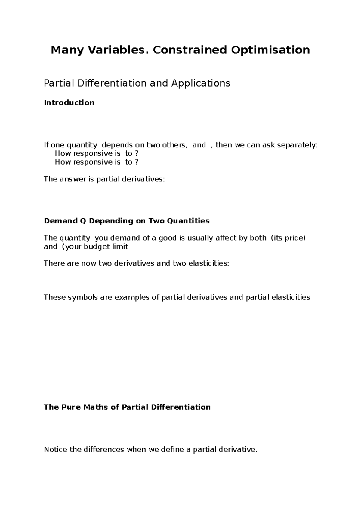 4 Many Variables Constrained Optimisation Many Variables Constrained Optimisation Partial