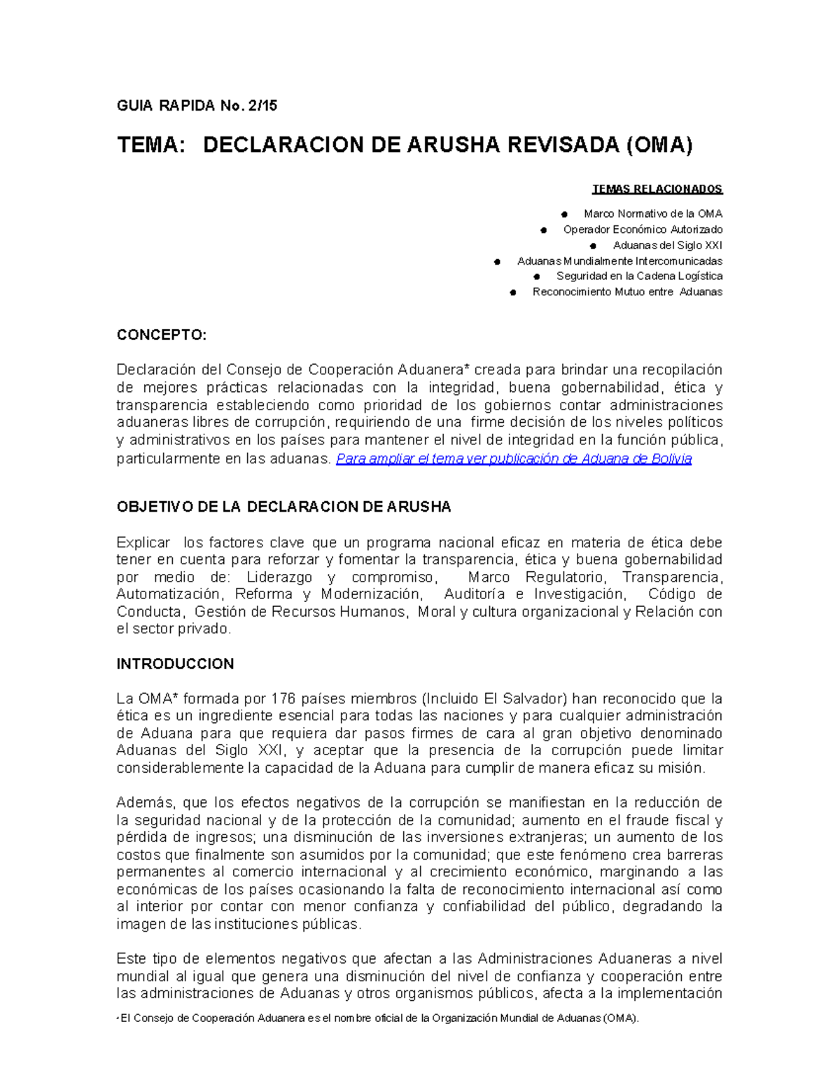 Material de apoyo Declaracion de Arusha - GUIA RAPIDA No. 2/ TEMA ...