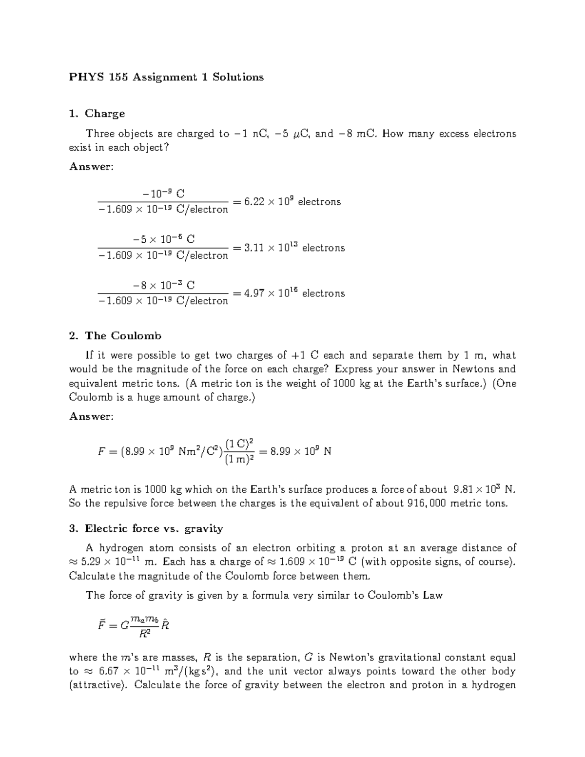 Seminar assignments - Solution assignment 1-10 - PHYS 155 Assignment 1 Solutions Charge Three ...
