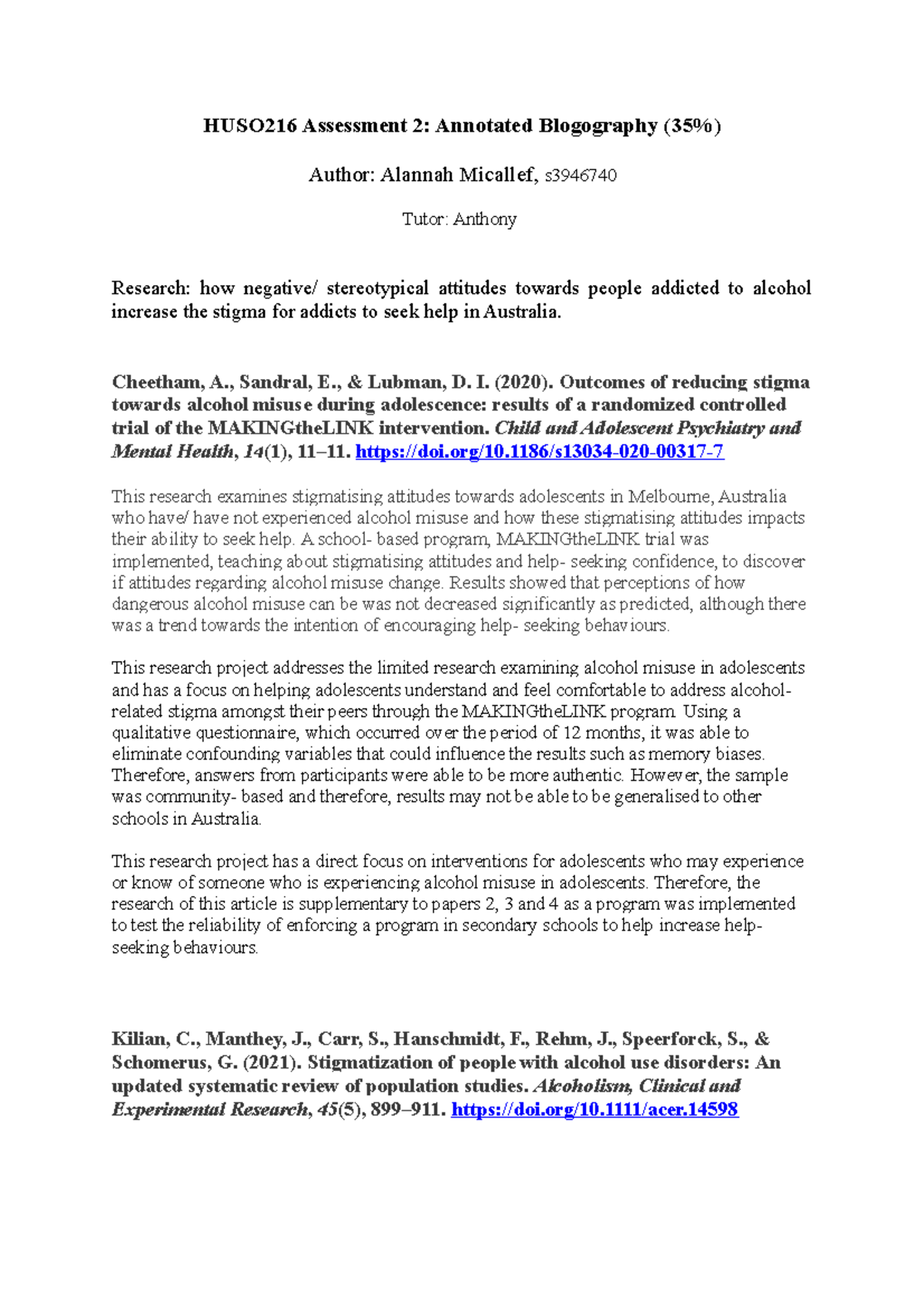 HUSO216 Assessment 2 - assignment - HUSO216 Assessment 2: Annotated ...