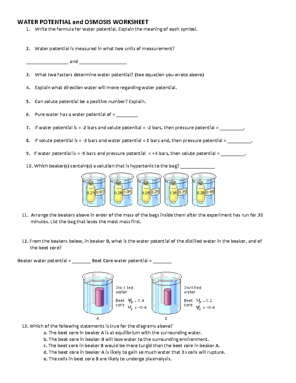 Water potential and osmosis practice sheet - WATER POTENTIAL and ...