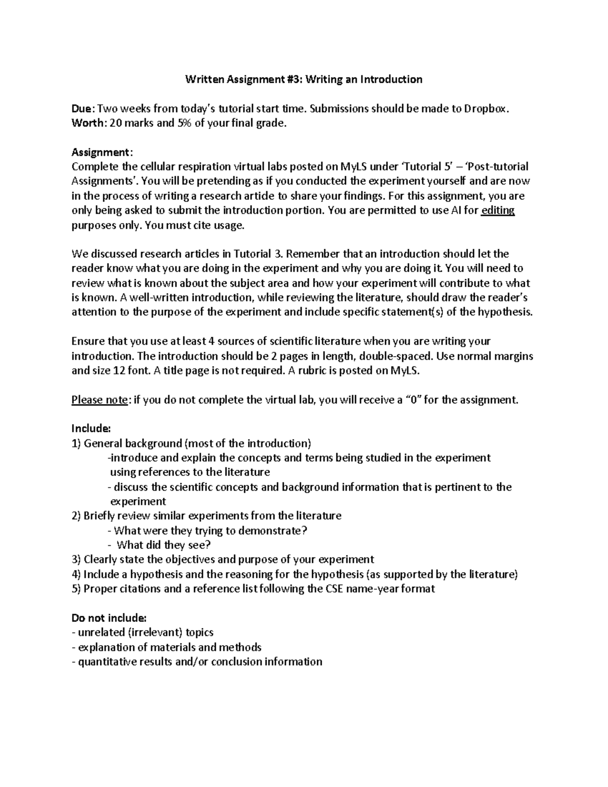 BI110 Written Assignment #3 - Written Assignment #3: Writing an ...