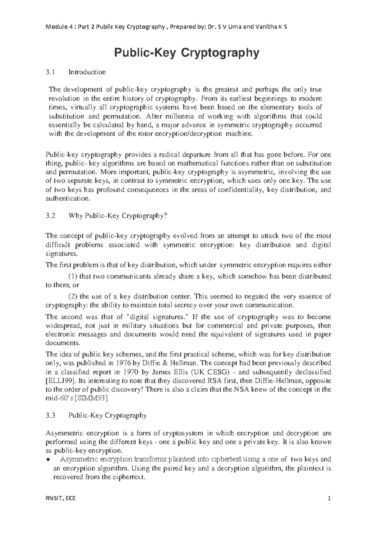 Module 4 notes-part 2 2019 - Public-Key Cryptography 3 Introduction The ...