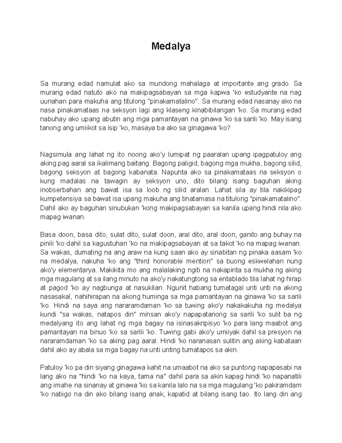 Medalya - Narrative essay about being an achiever. - Medalya Sa murang ...
