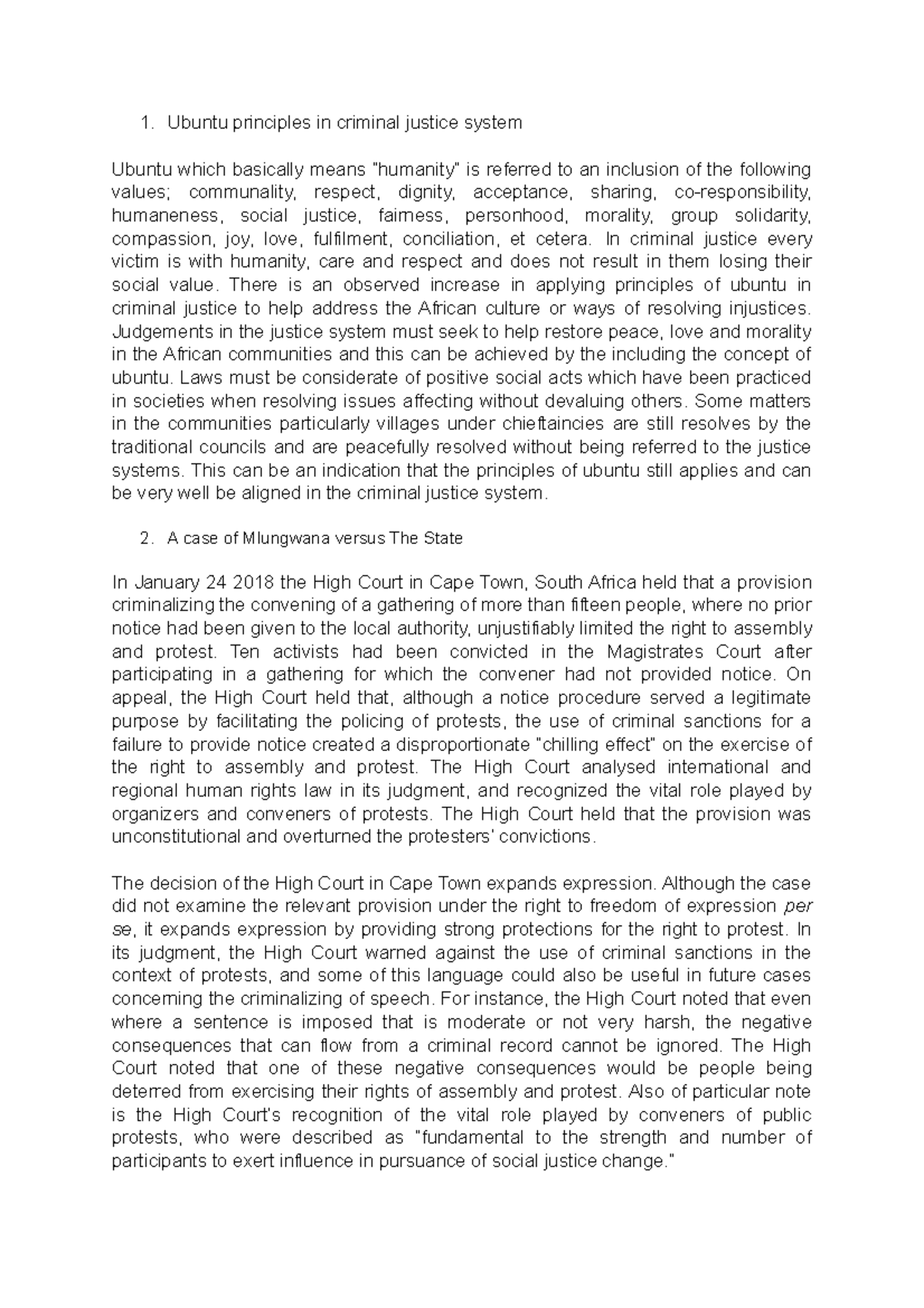 Assessment 2 - Ubuntu principles in criminal justice system Ubuntu ...