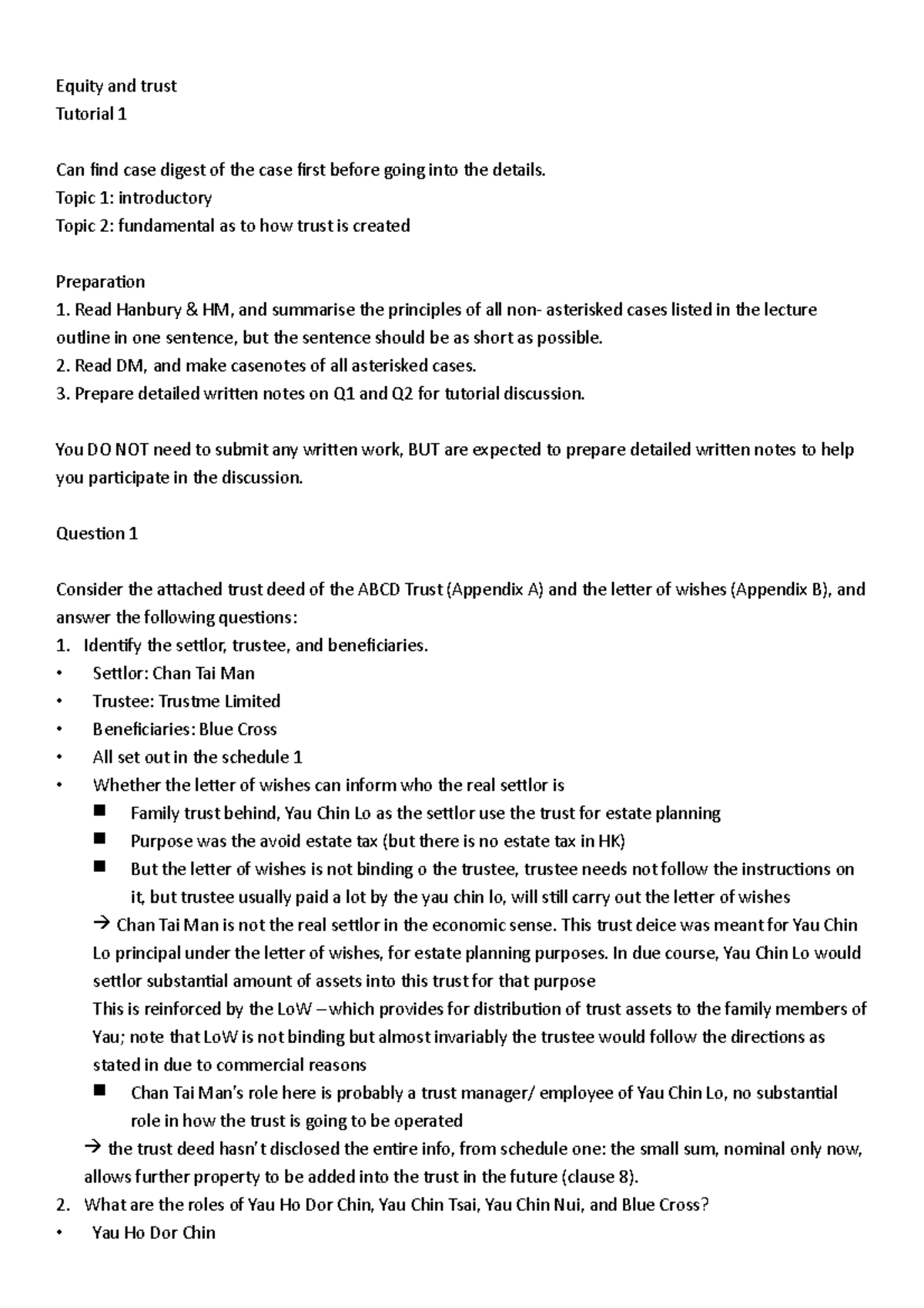 Equity I tutorial 1 - Equity and trust Tutorial 1 Can find case digest ...