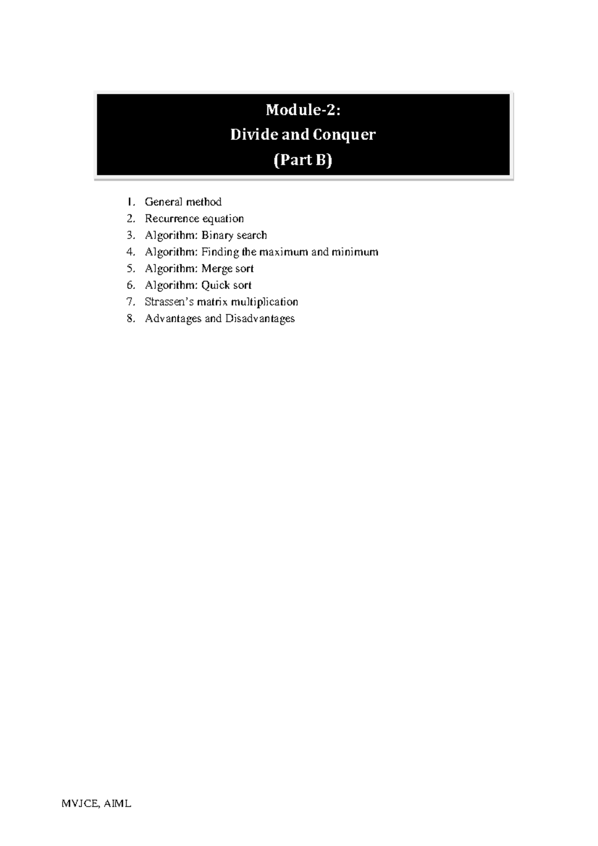 Module 2 Part B - ADA notes - MVJCE, AIML Module- 2 : Divide and ...