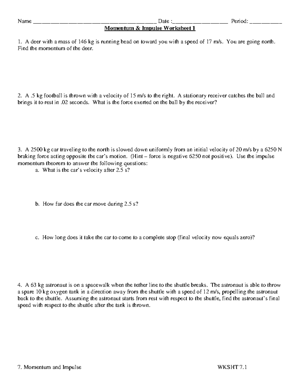 2. Momentum and Impulse Worksheet 1 - Name ...