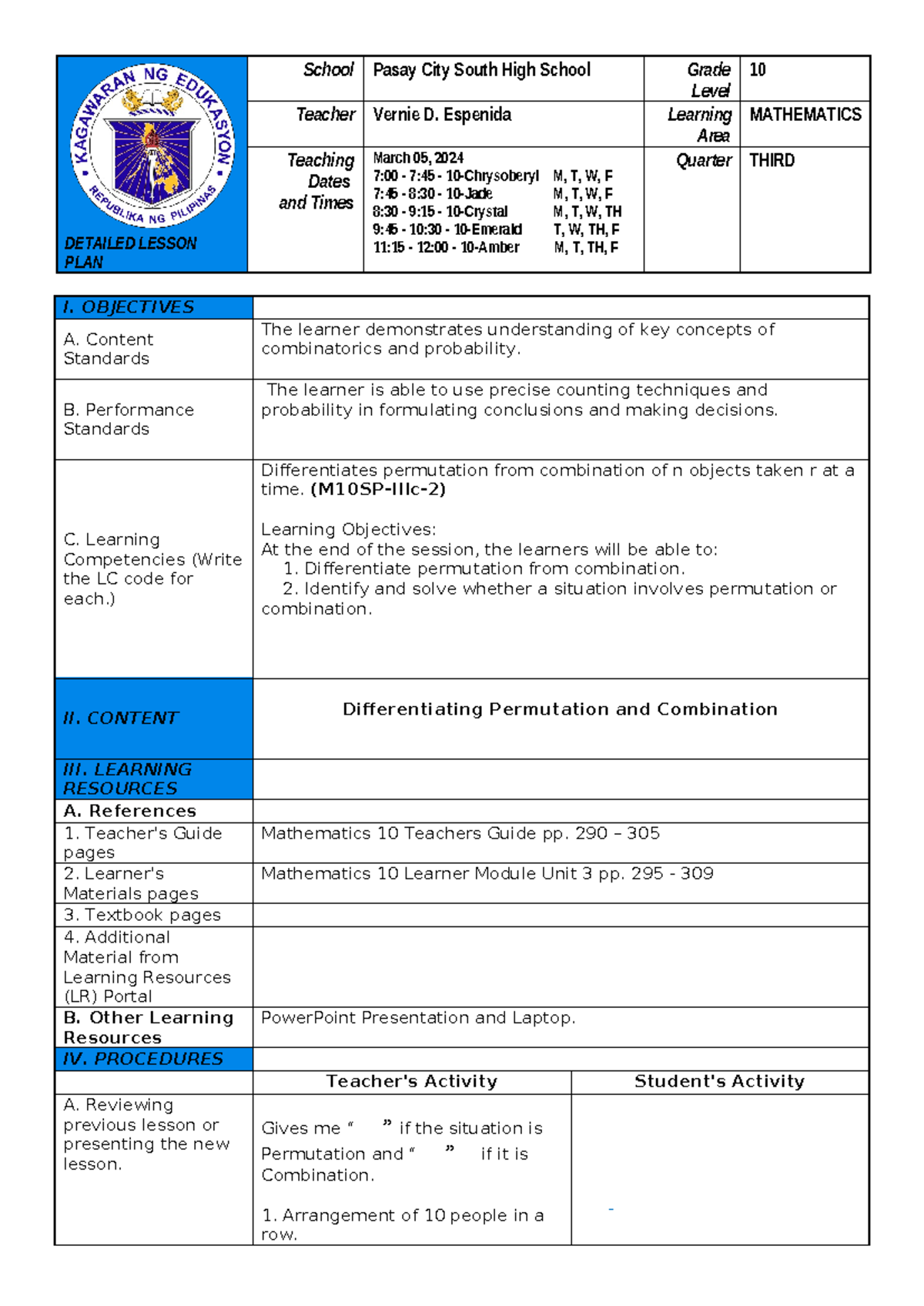 DLP Permutation and Combination - DETAILED LESSON PLAN School Pasay ...