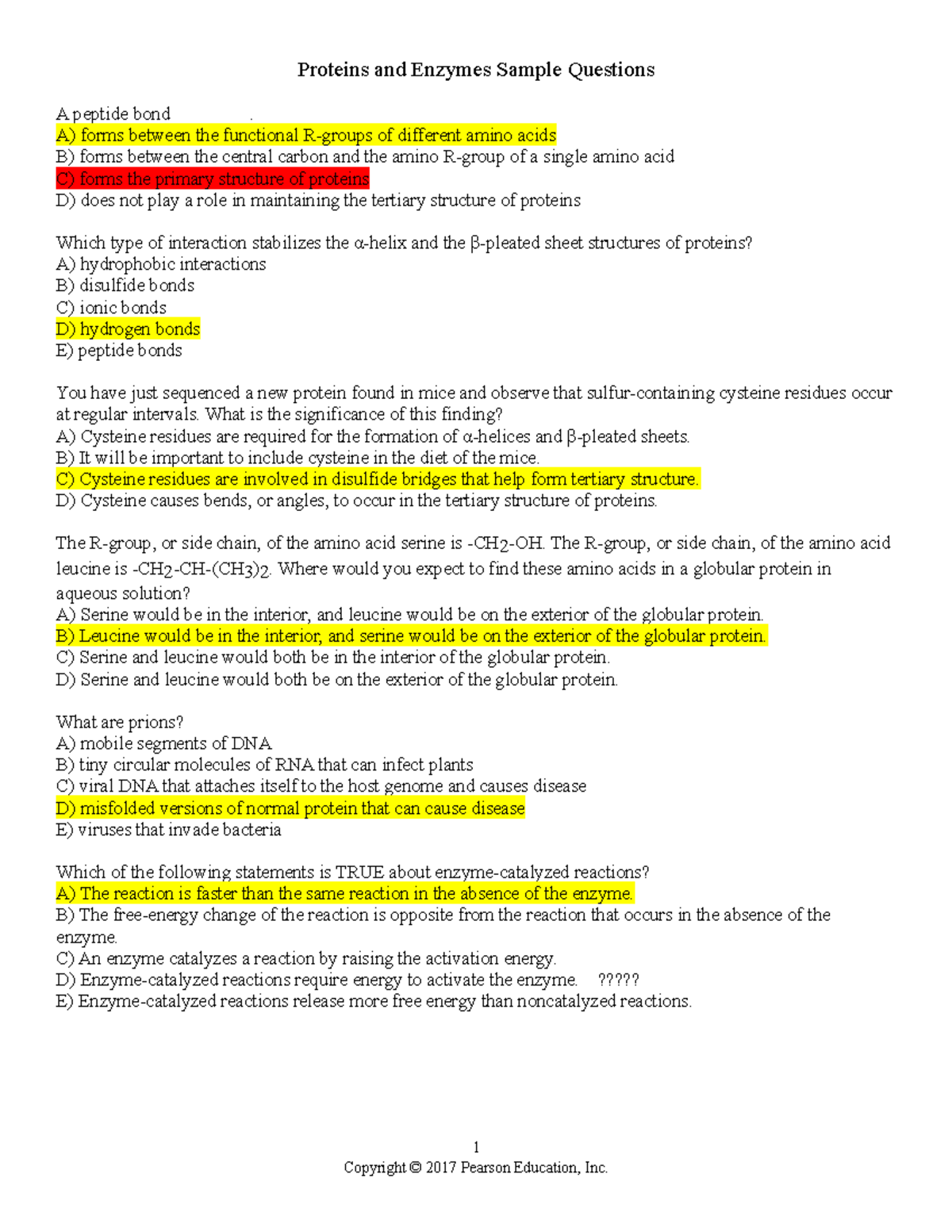 3- Proteins and Enzymes Sample Questions - Proteins and Enzymes Sample ...