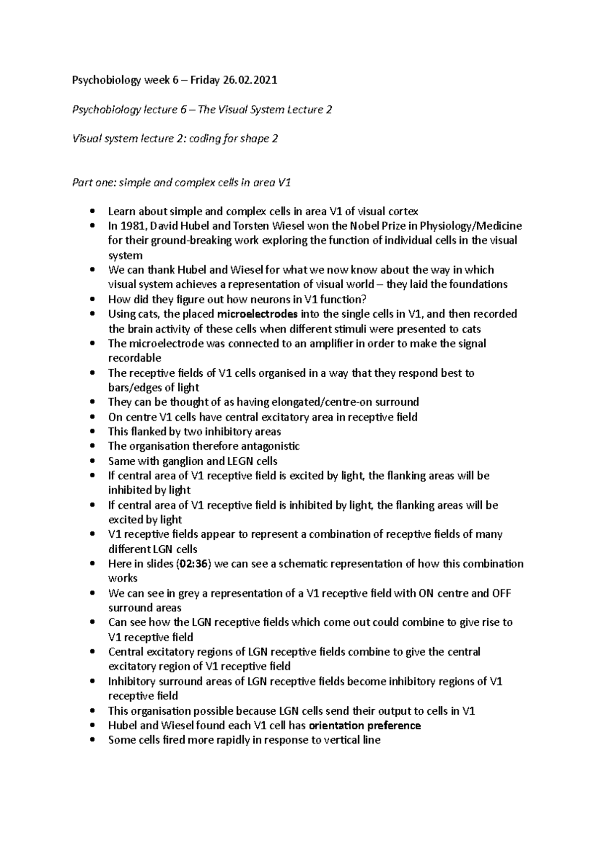 Psychobiology lecture 6 visual system 2 - Psychobiology week 6 – Friday ...