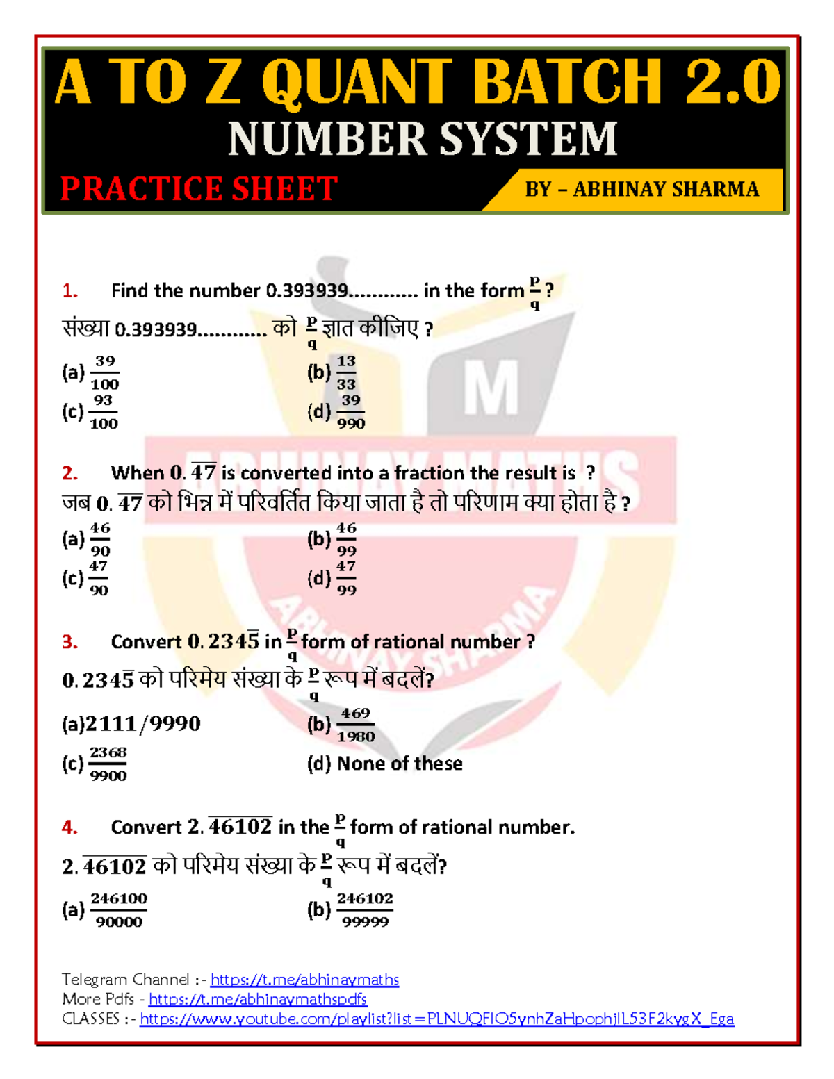 Number System Practice Sheet A TO Z 2 - Telegram Channel :- t/abhinaymaths More Pdfs - - Studocu