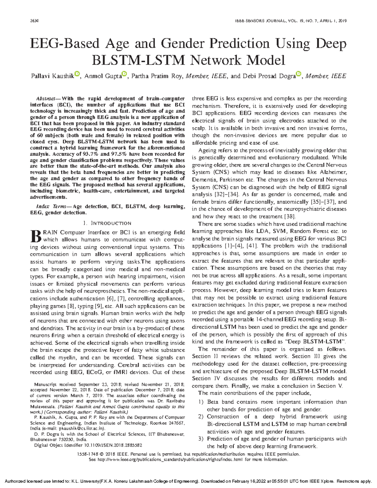 EEG-Based Age and Gender Prediction Using Deep Blstm-LSTM Network Model - 2634 IEEE SENSORS ...