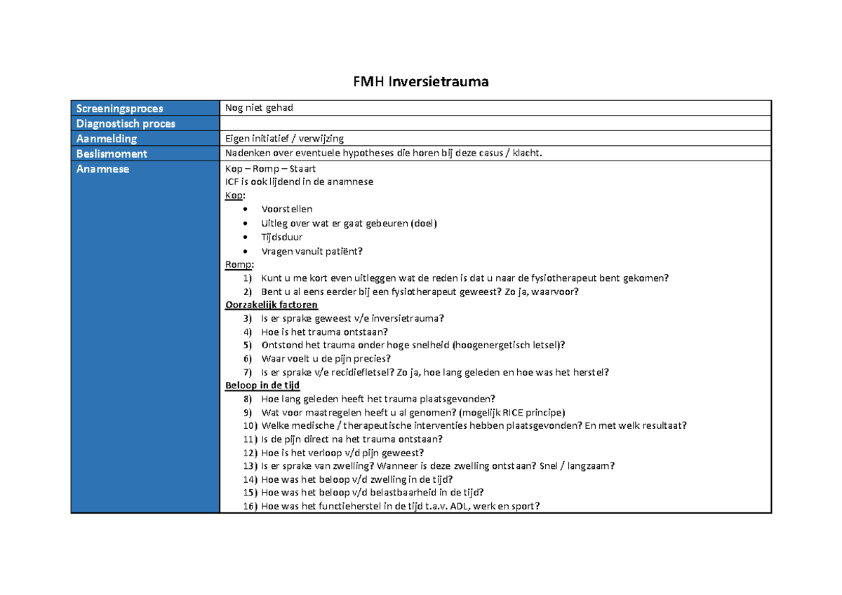 FMH Inversietrauma enkel - FMH Inversietrauma Screeningsproces Nog niet ...