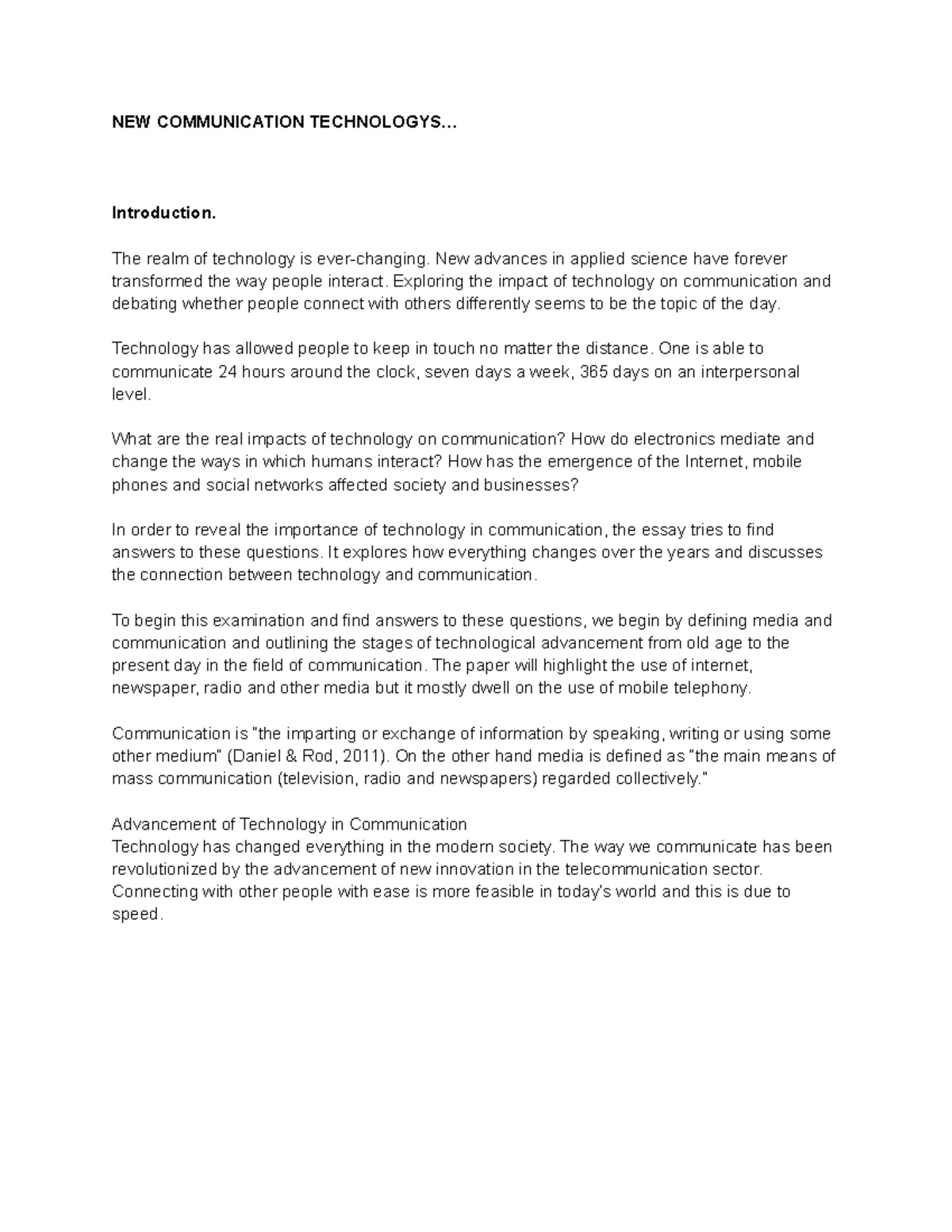 NEW COMMUNICATION TECHNOLOGY - .. Introduction. The realm of technology ...