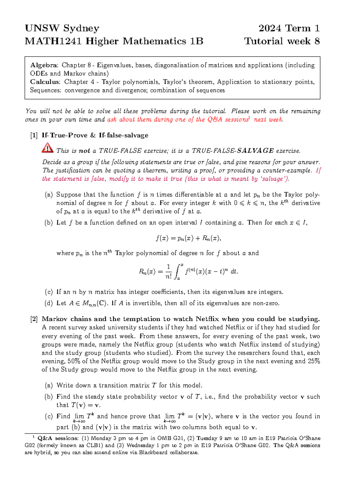 Higher mathematics 1B linear algebra igor sharplinski MATH1241 OTG EJWB ...