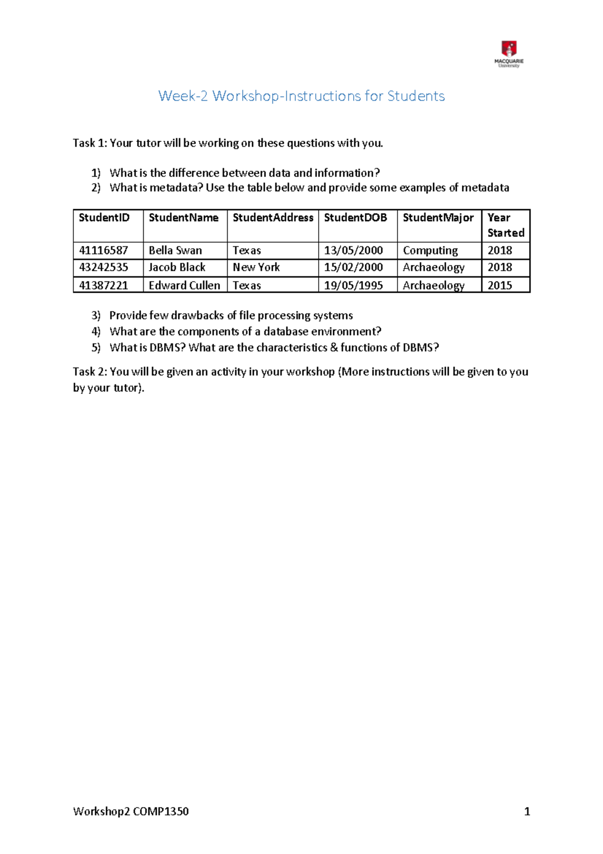 Workshop 2-Instructions for Students - Workshop2 COMP1350 1 Week-2 Workshop-Instructions for ...