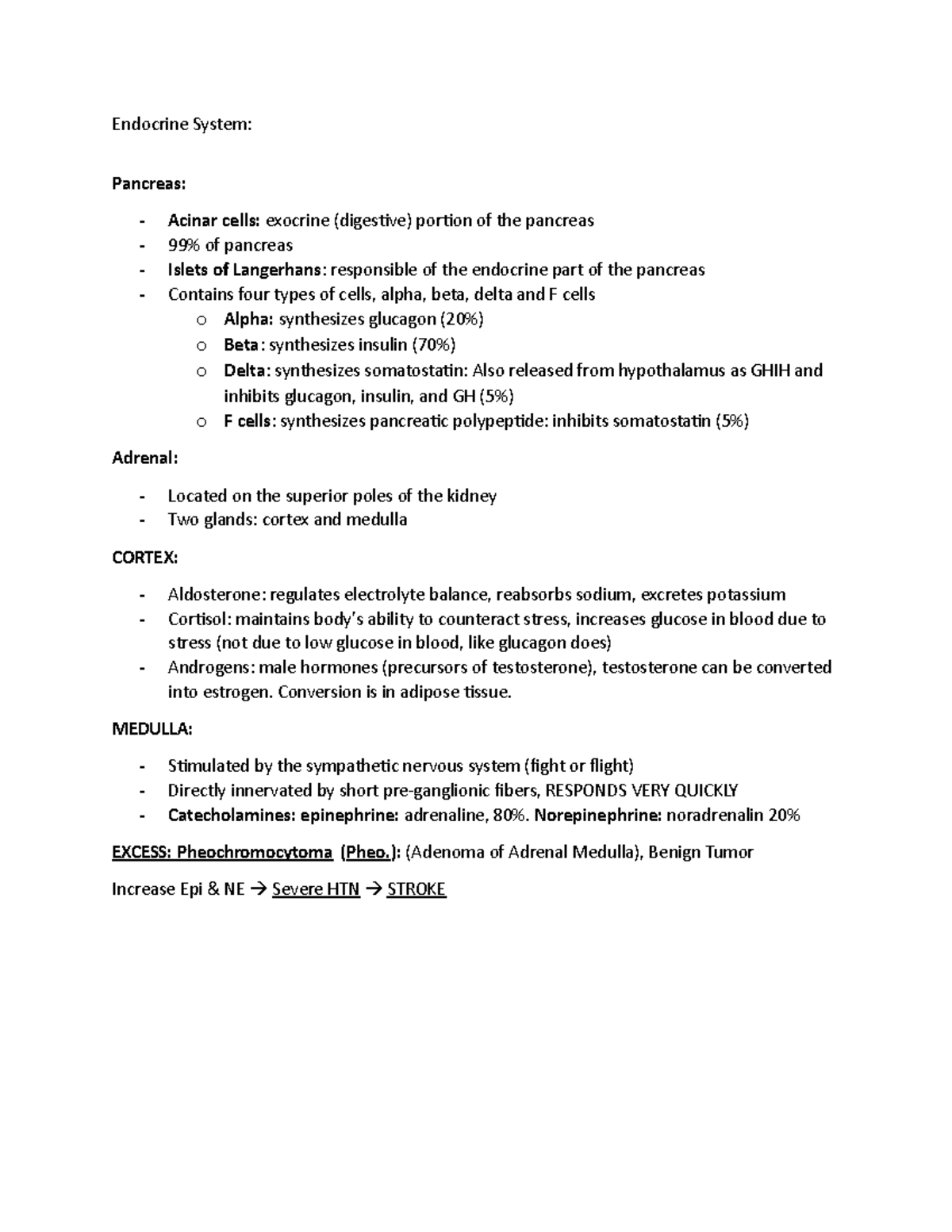 Endocrine notes - Endocrine System: Pancreas: - Acinar cells: exocrine ...