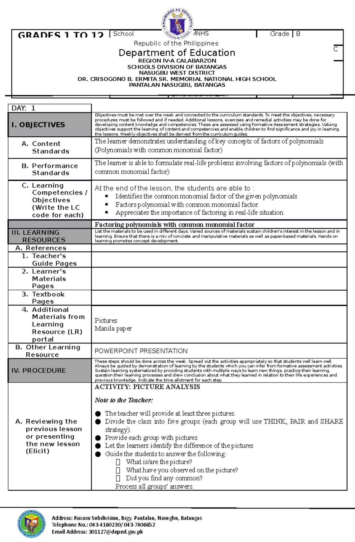Q1 day 2 dll 8 - vhjjn - GRADES 1 TO 12 DAILY LESSON LOG School ...