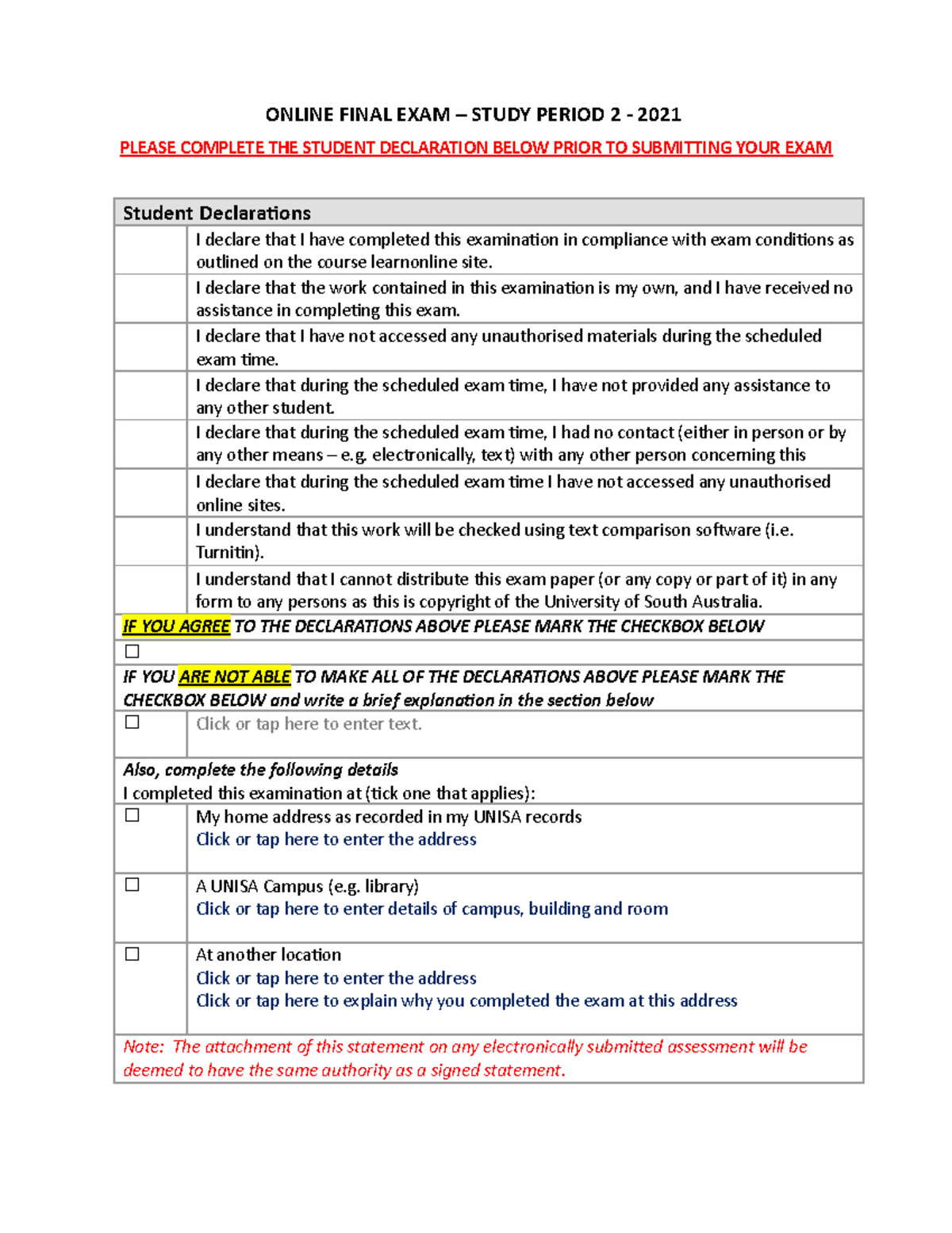 Stud ent Declaration form - ONLINE FINAL EXAM – STUDY PERIOD 2 - 2021 ...