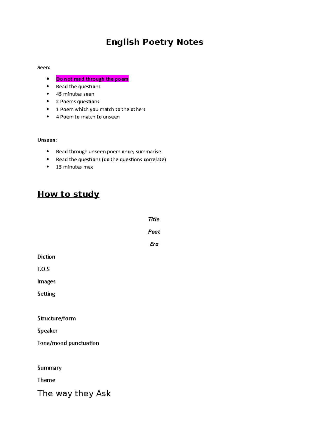 How to make poetry notes - English Poetry Notes Seen: Do not read ...