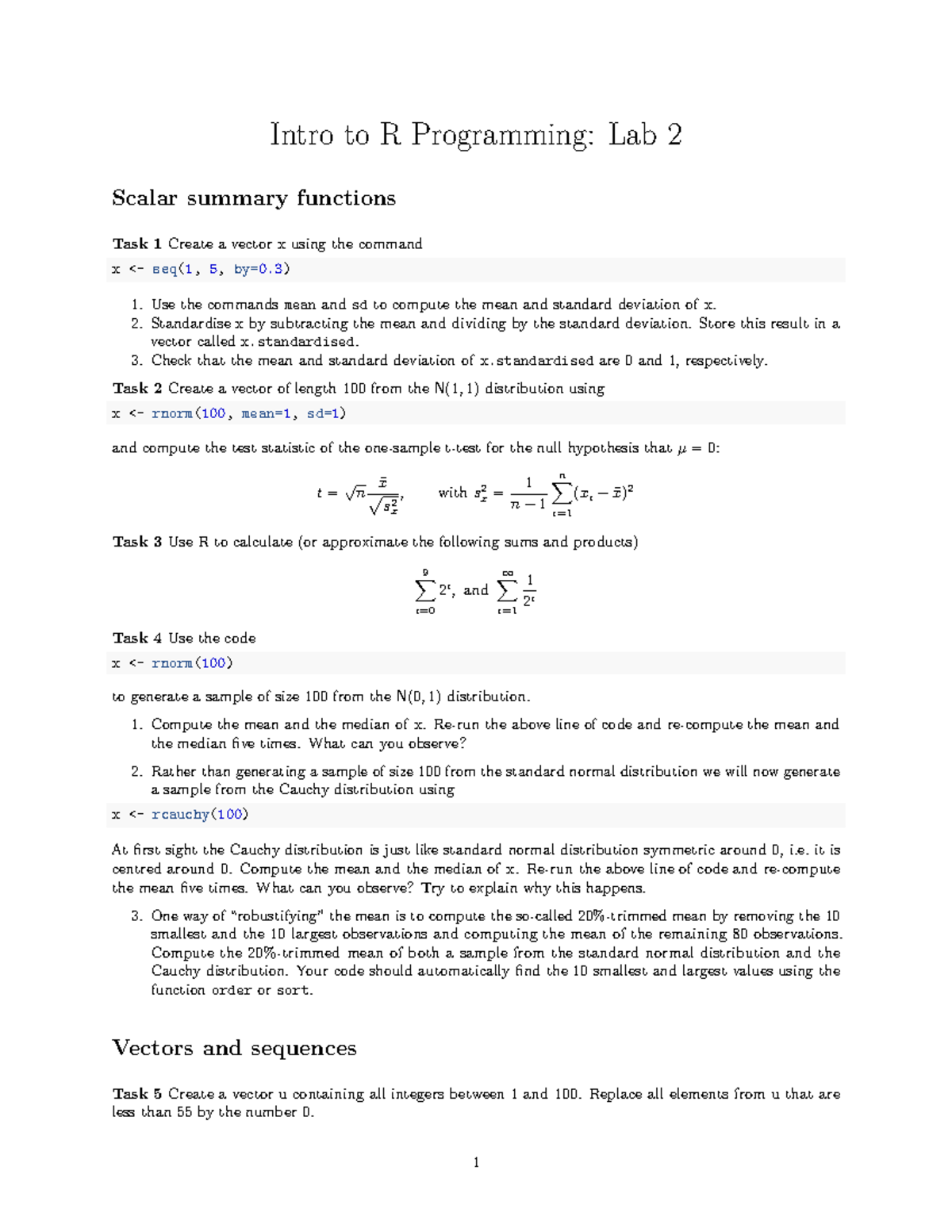 Lab 2 Lab Intro To R Programming Lab 2 Scalar Summary Functions Task 1 Create A Vector X