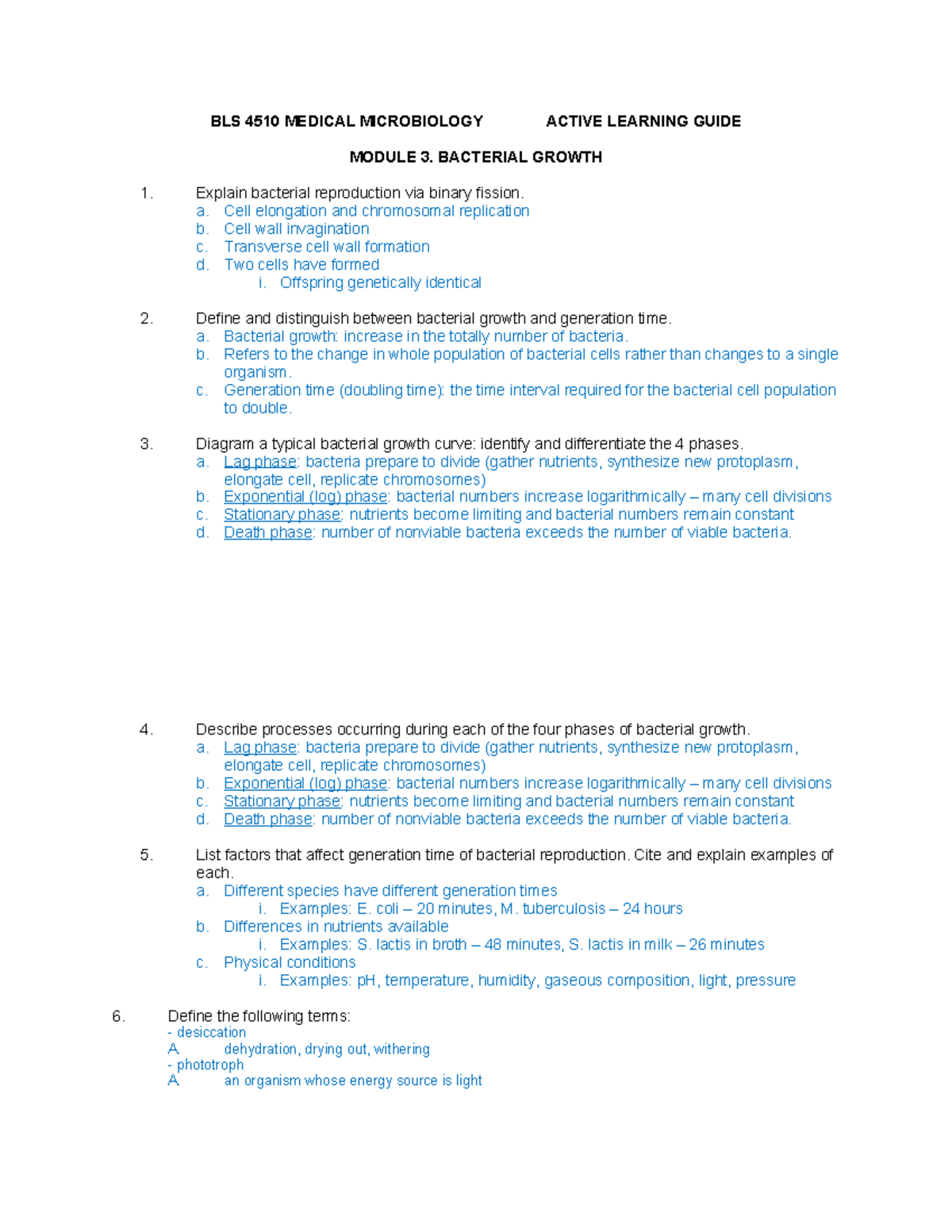 Module 3 ActiveLG - BLS 4510 MEDICAL MICROBIOLOGY ACTIVE LEARNING GUIDE MODULE 3. BACTERIAL ...