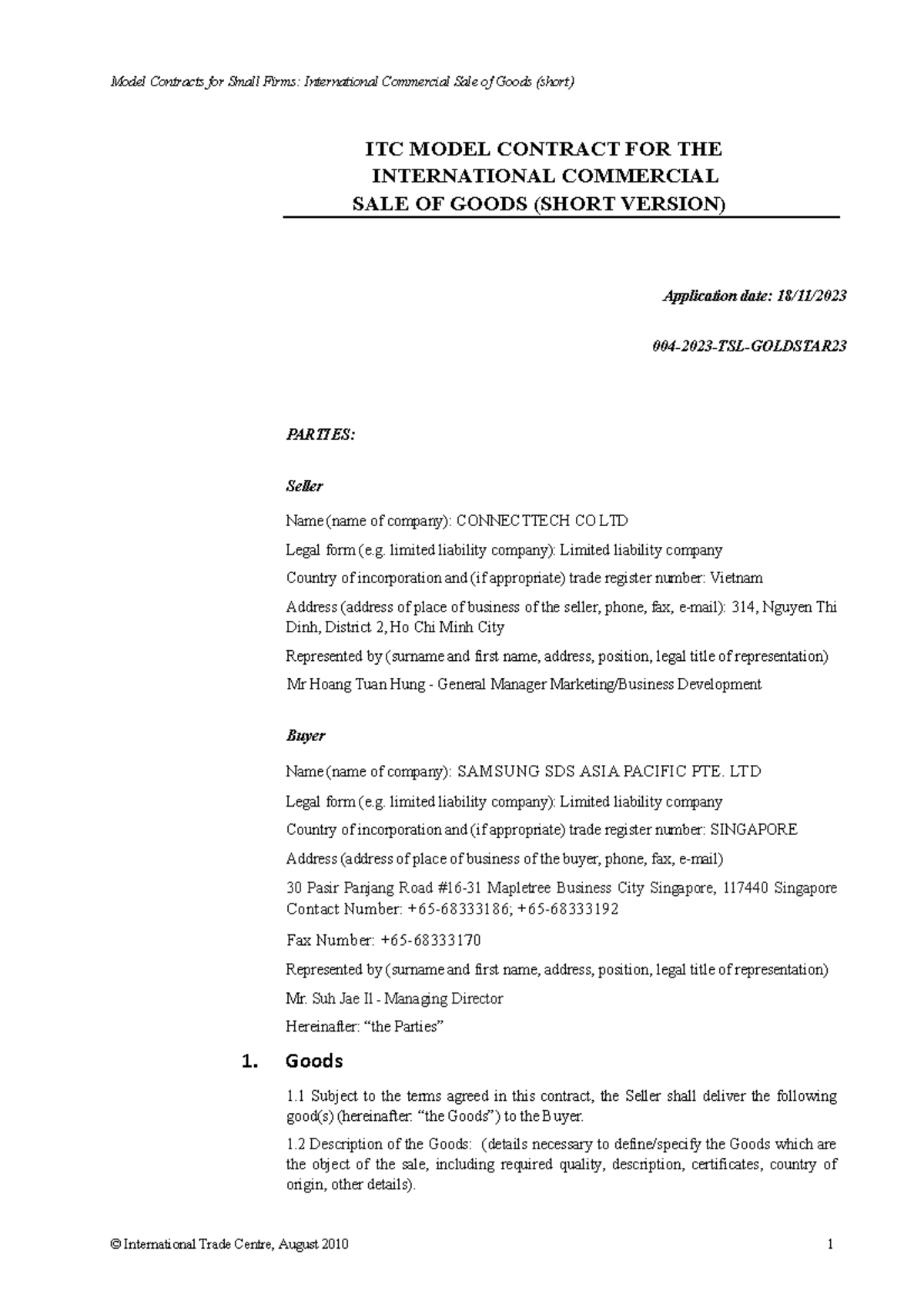 Hop dong hàng hóa ITC (short)-NHÓM 12 - ITC MODEL CONTRACT FOR THE ...