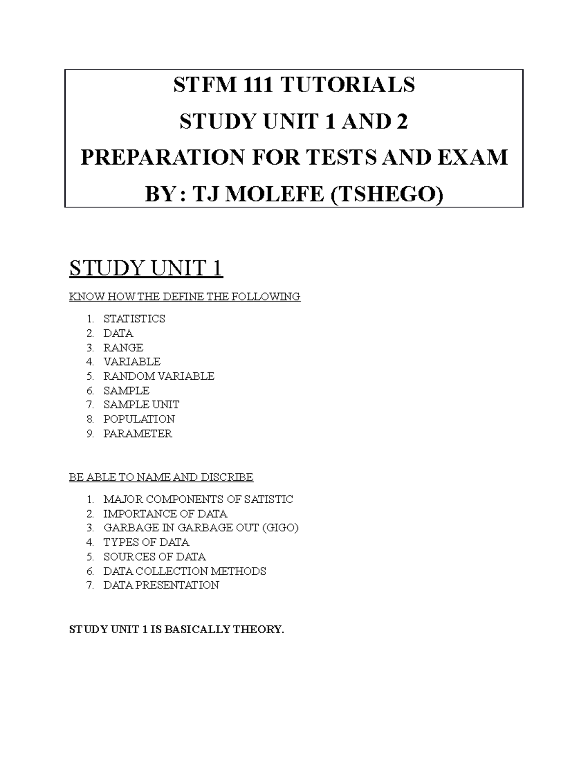 STFM 111 Tutorials - practice material - STFM 111 TUTORIALS STUDY UNIT ...
