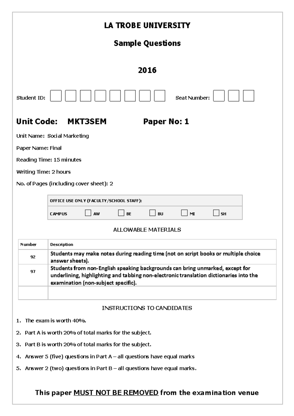 Sample/practice exam 8 October 2017, questions and answers - LA TROBE ...