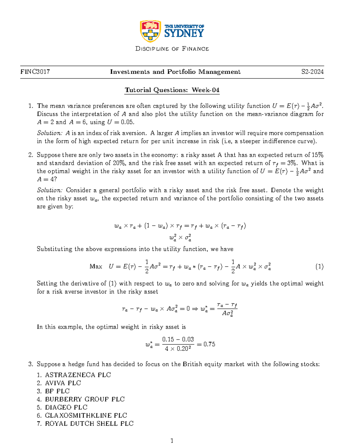FINC3017 Week4 Tut (A - answer of w4 - Discipline of Finance FINC3017 ...