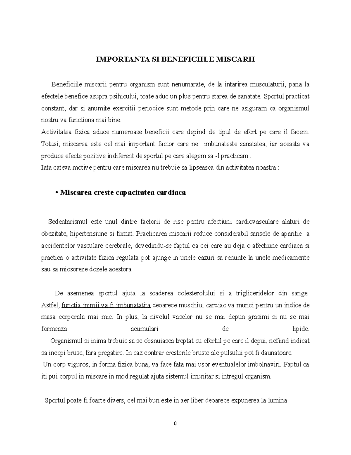 Referat - Educatie Fizica - IMPORTANTA SI BENEFICIILE MISCARII ...