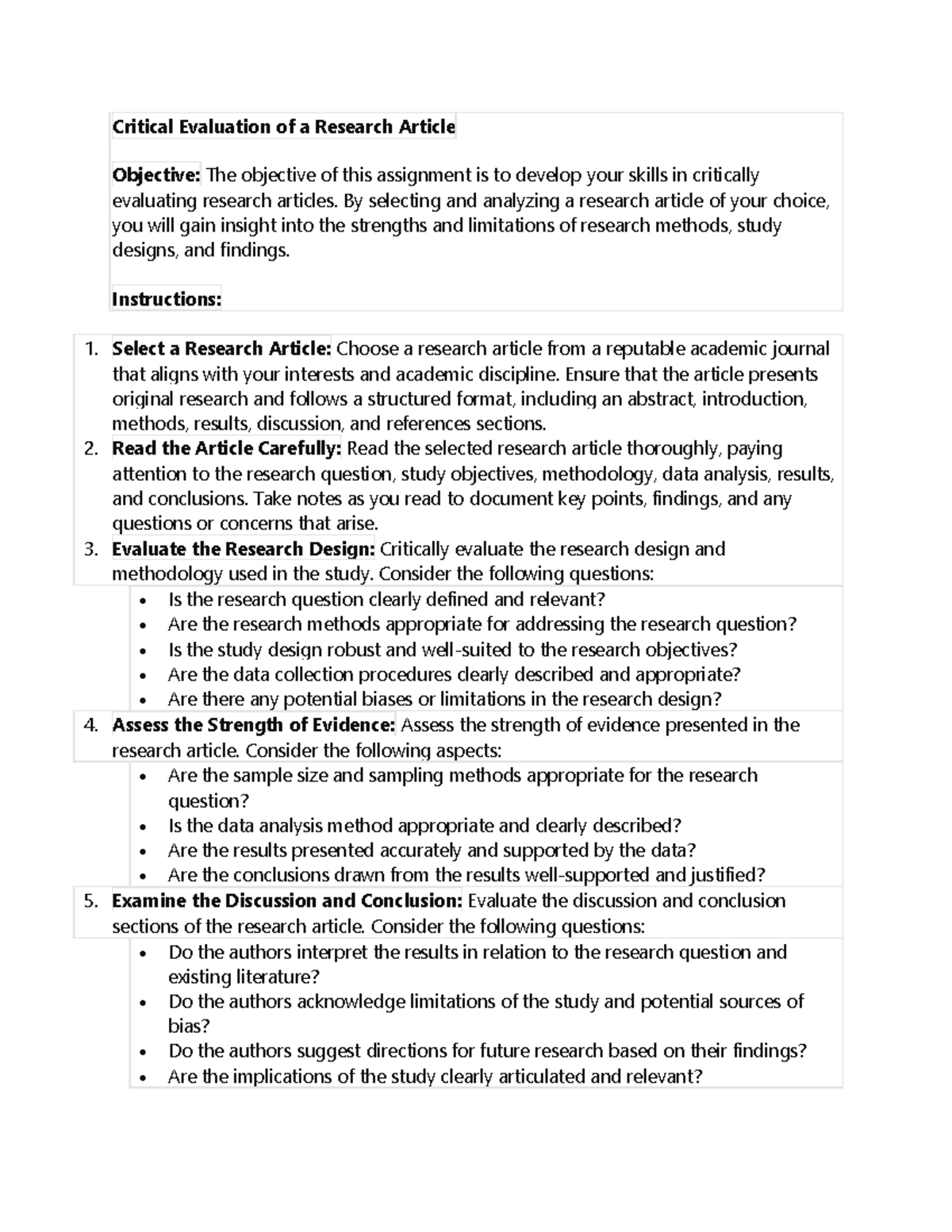 Critical Evaluation of a Research Article - Critical Evaluation of a ...