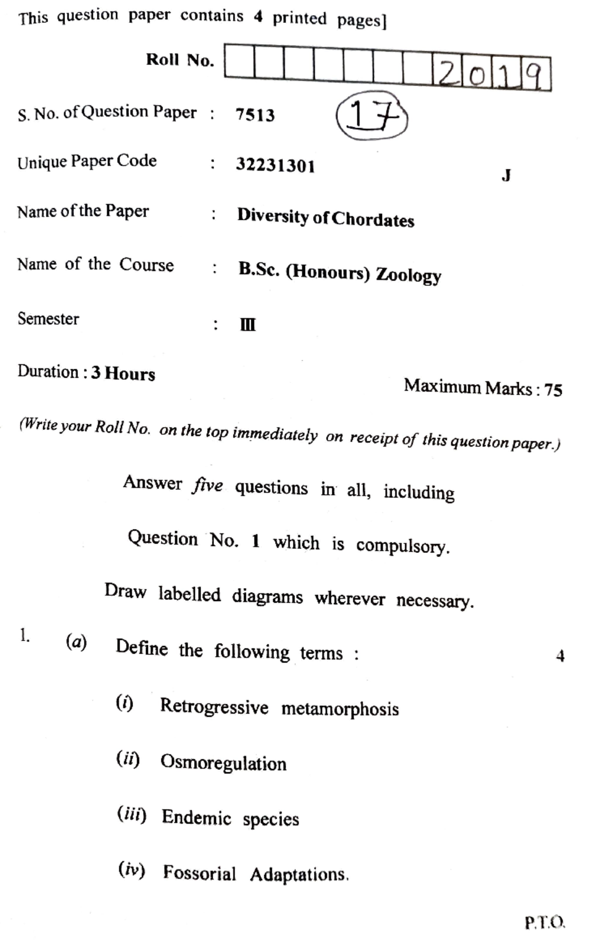 B.Sc.(H) Zoology-3rd Semester-2019 - This question paper contains 4 ...