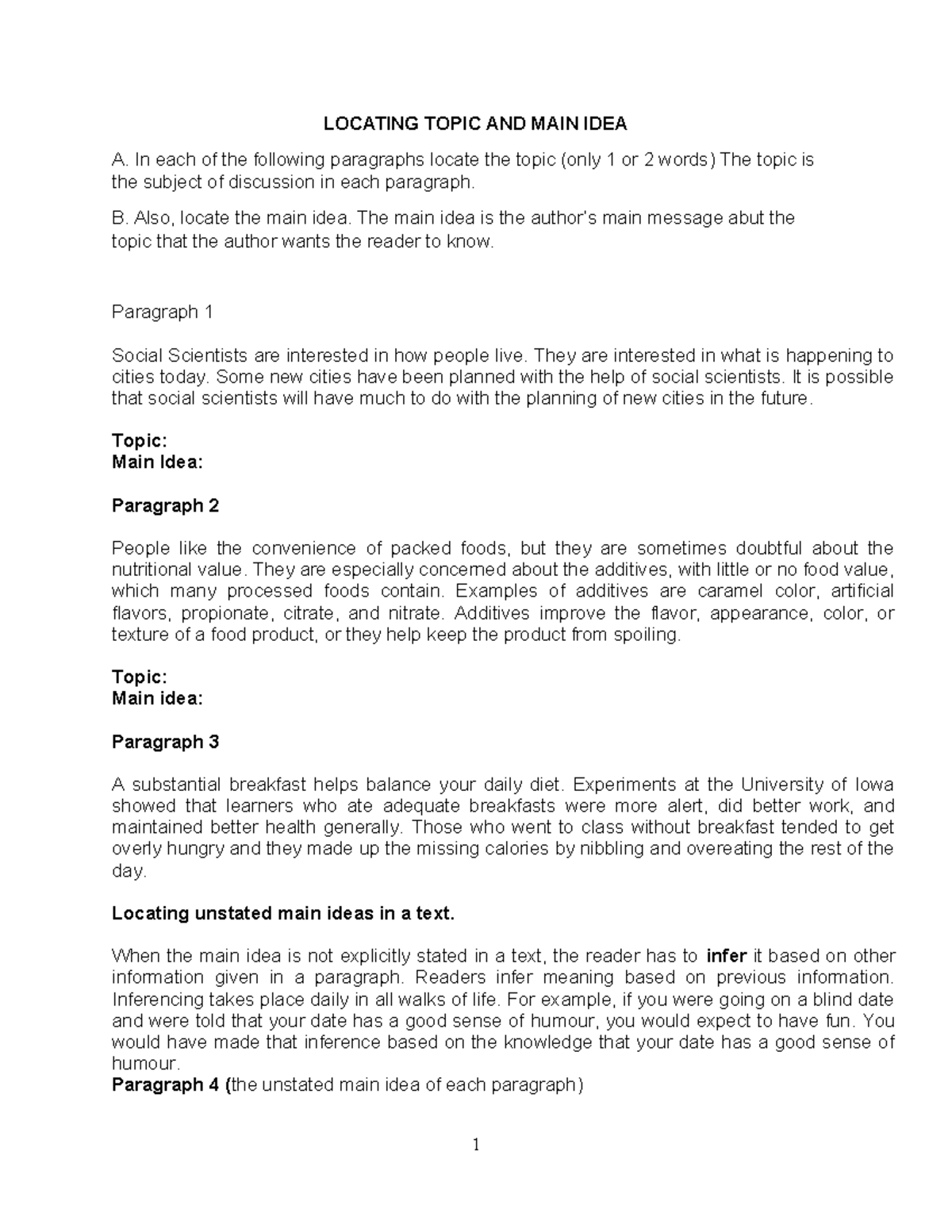 Locating topic and main idea - LOCATING TOPIC AND MAIN IDEA A. In each ...