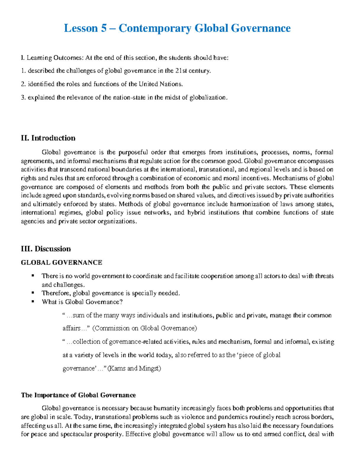 global governance - Lesson 5 – Contemporary Global Governance I ...
