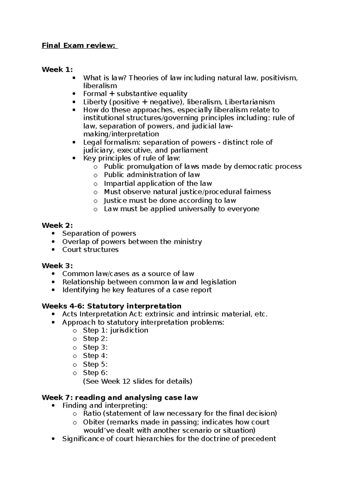 Foundations of Law Notes - Final Exam review: Week 1: What is law ...