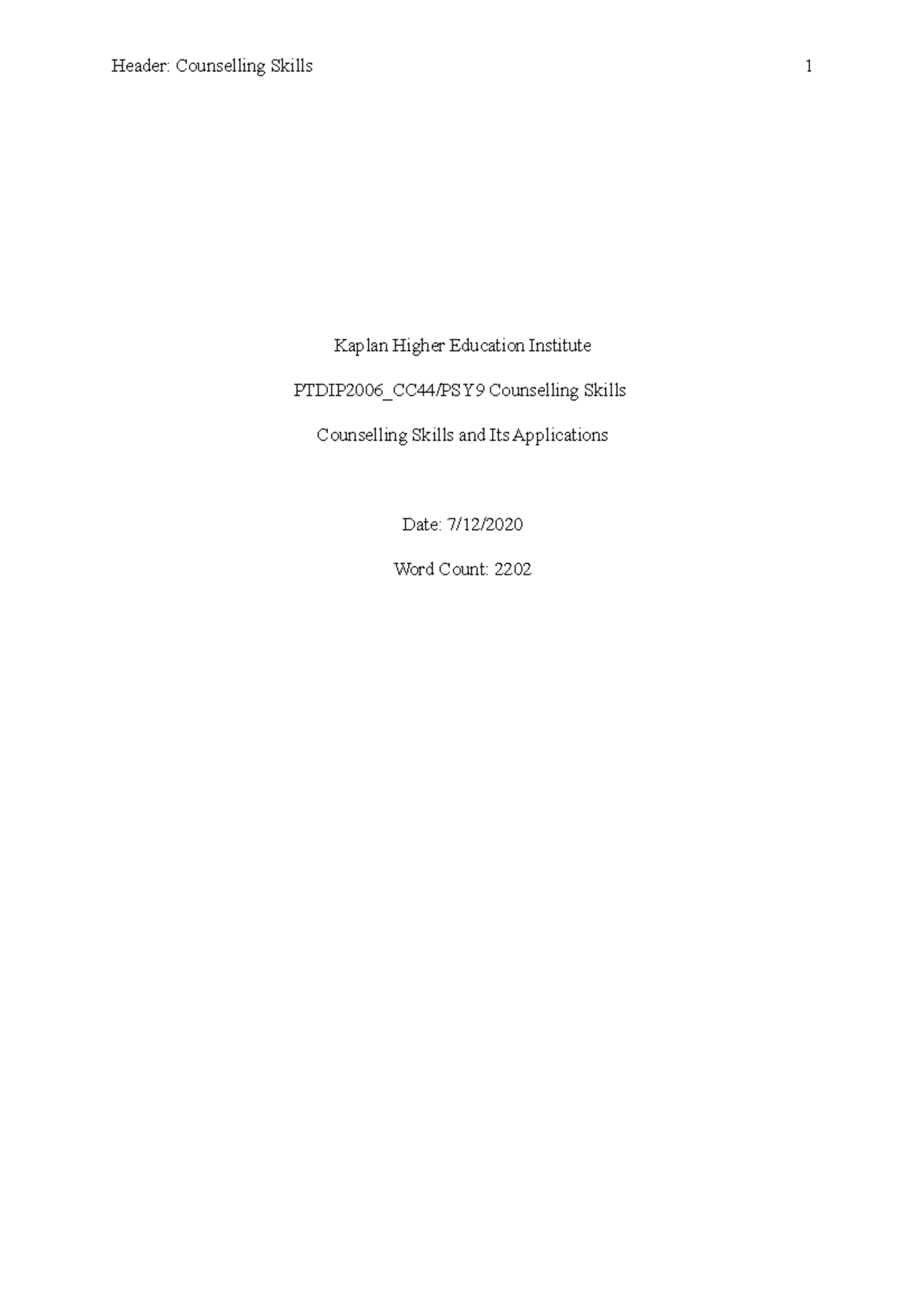 Counselling Skills Assignment (Distinction Paper) - Kaplan Higher ...